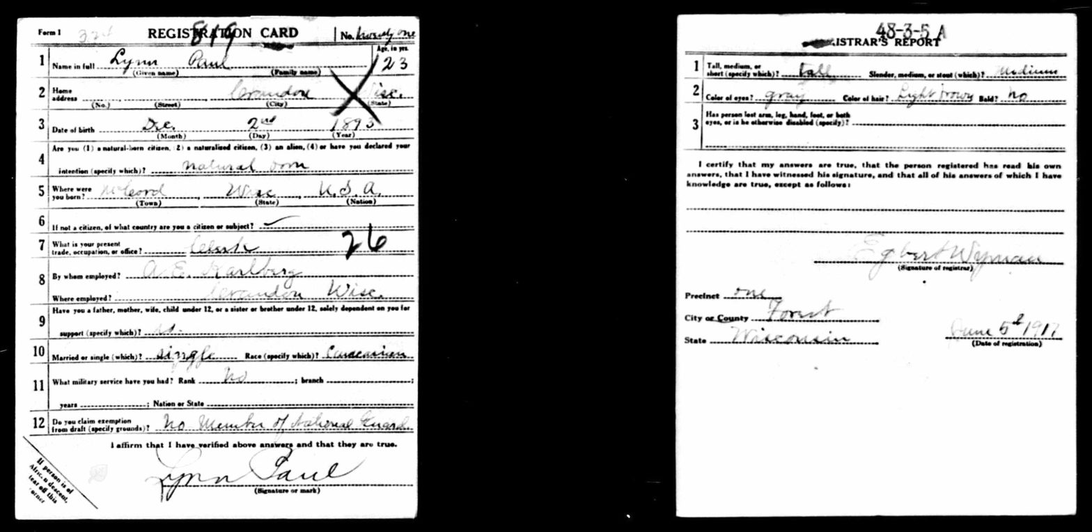 Remembering WW1 Soliders: Lynn Paul – Crandon Area Historical Society